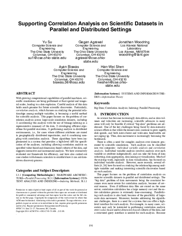 (PDF) Supporting correlation analysis on scientific datasets in parallel and distributed settings