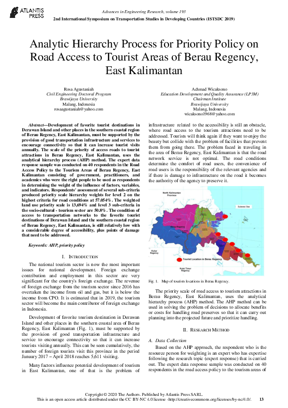 (PDF) Analytic Hierarchy Process for Priority Policy on Road Access to Tourist Areas of Berau ...