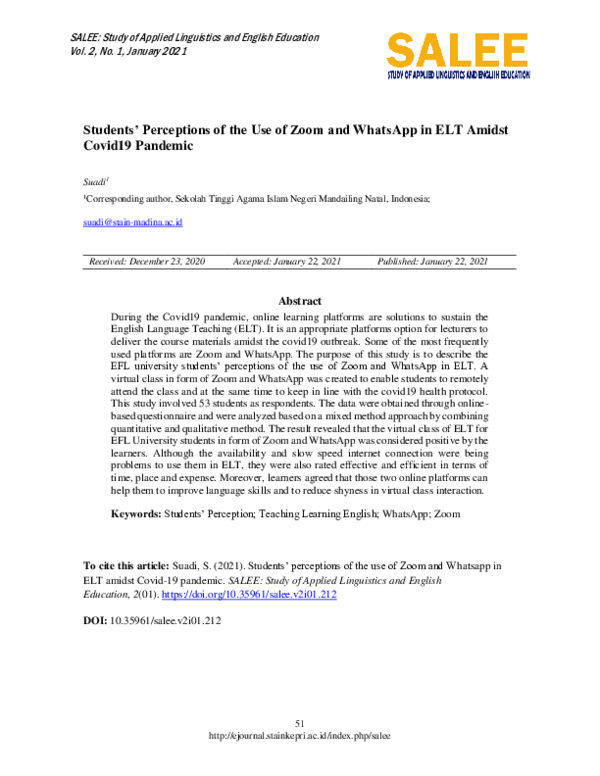 Students’ Perceptions of the Use of Zoom and Whatsapp in Elt Amidst COVID19 Pandemic