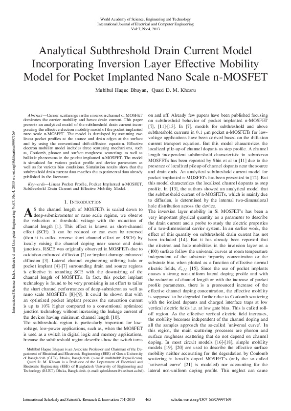 (PDF) Analytical Subthreshold Drain Current Model Incorporating Inversion Layer Effective ...