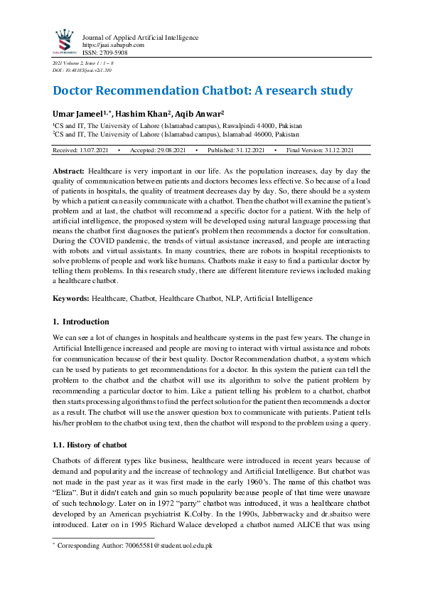 (PDF) Doctor Recommendation Chatbot: A research study