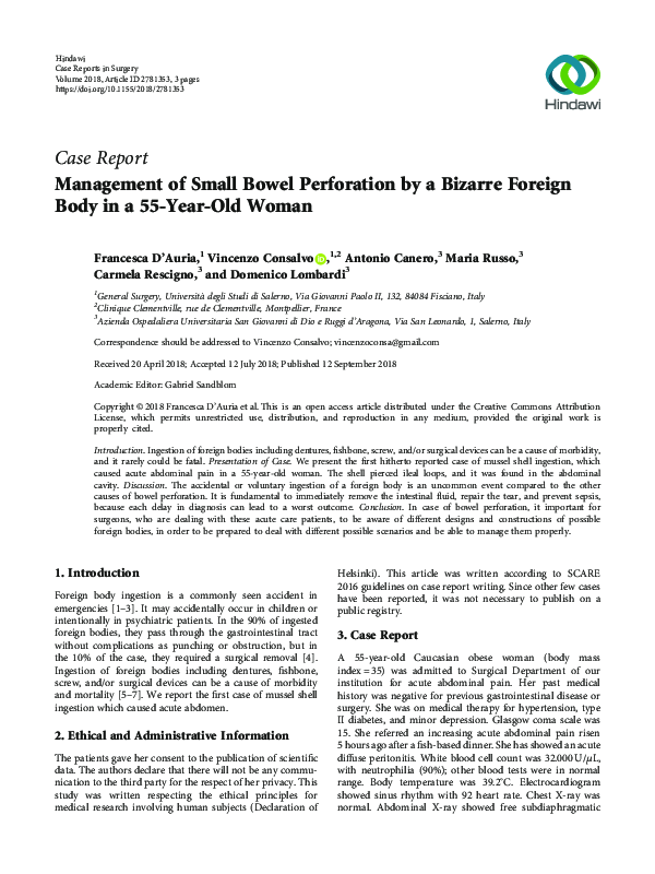 Pdf Management Of Small Bowel Perforation By A Bizarre Foreign Body