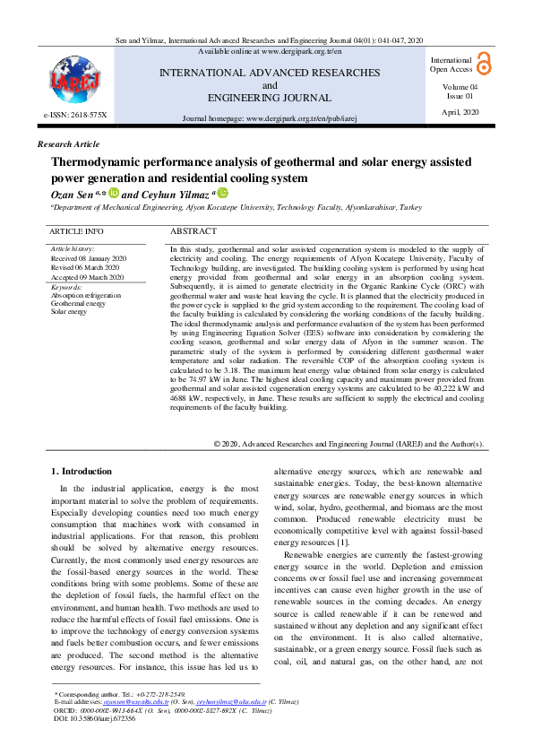 Pdf Thermodynamic Performance Analysis Of Geothermal And Solar Energy Assisted Power