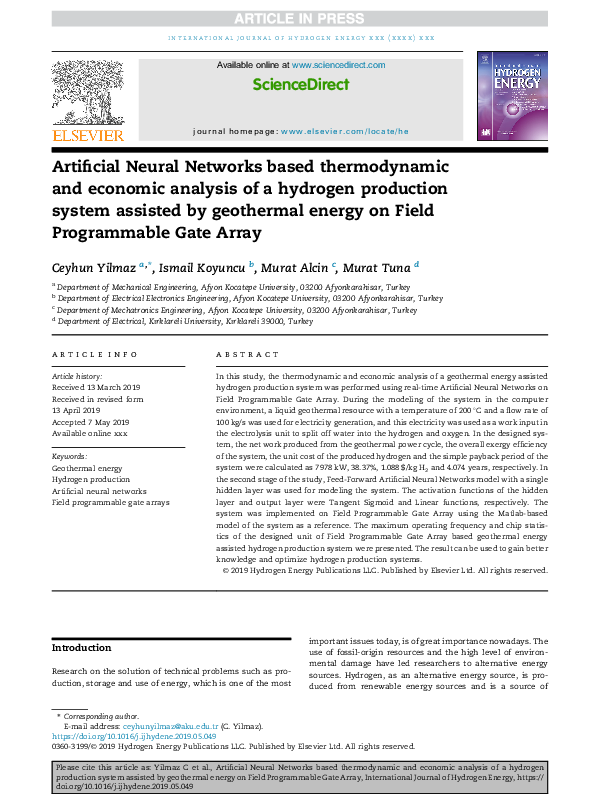 (PDF) Artificial Neural Networks based thermodynamic and economic analysis of a hydrogen ...