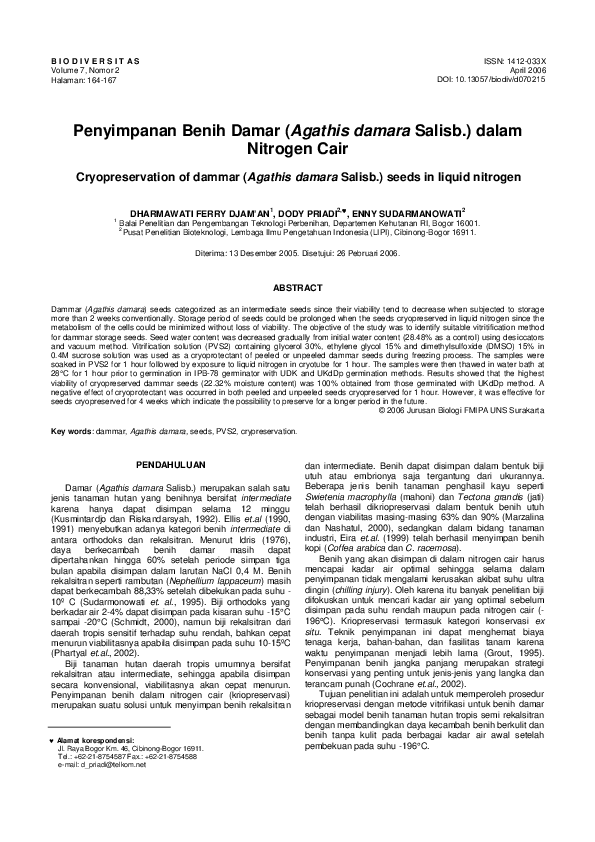 (PDF) Cryopreservation of dammar (Agathis damara Salisb.) seeds in liquid nitrogen
