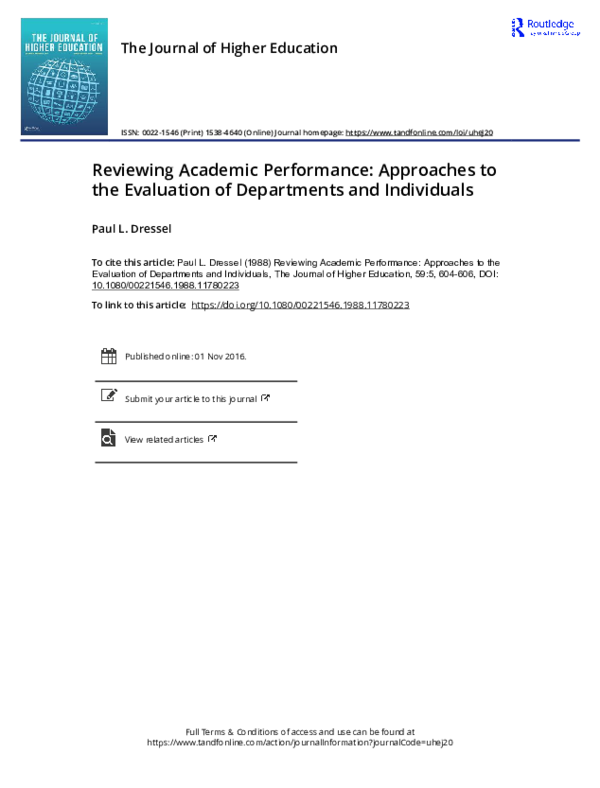 Pdf Reviewing Academic Performance Approaches To The Evaluation Of Departments And