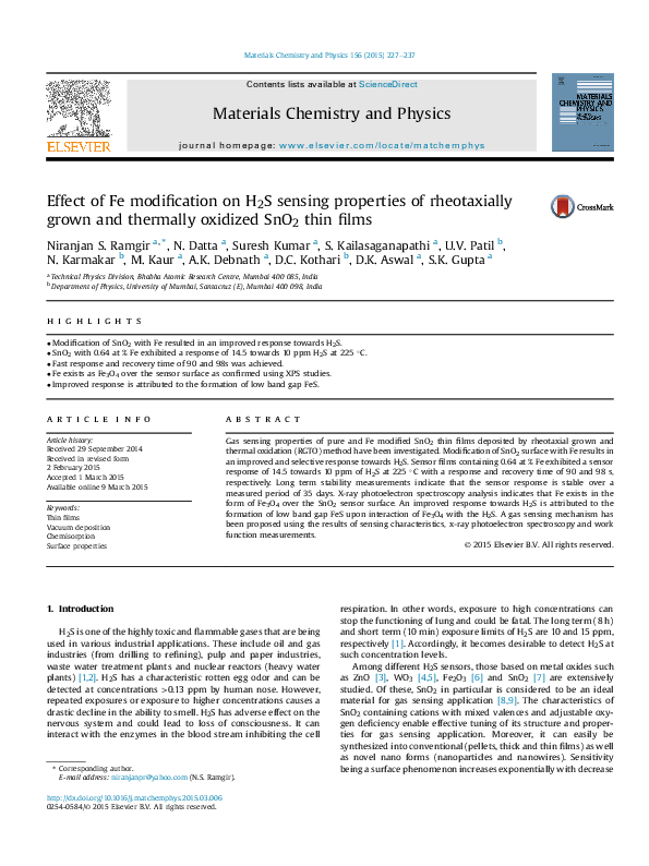 (PDF) Fe-Doped SnO2 Thin Films for Enhanced H2S Sensing