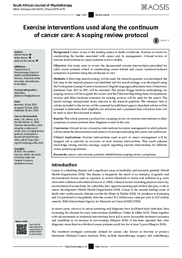(PDF) Exercise interventions used along the continuum of cancer care: A ...