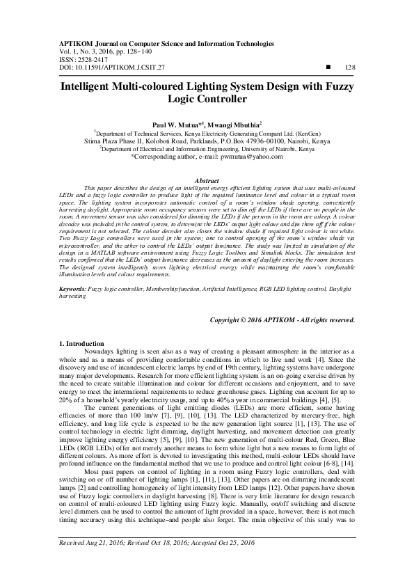(PDF) Intelligent Multi-coloured Lighting System Design with Fuzzy Logic Controller