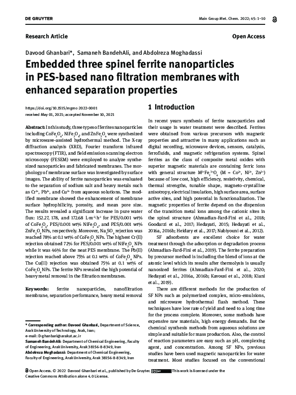 (PDF) Embedded three spinel ferrite nanoparticles in PES-based nano ...