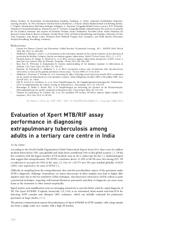 (PDF) Evaluation of Xpert MTB/RIF assay performance in diagnosing ...