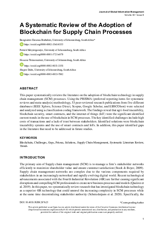 A Systematic Review of the Adoption of Blockchain for Supply Chain Processes