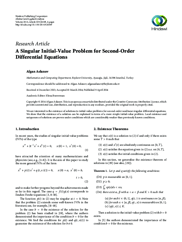 Pdf A Singular Initial Value Problem For Second Order Differential Equations