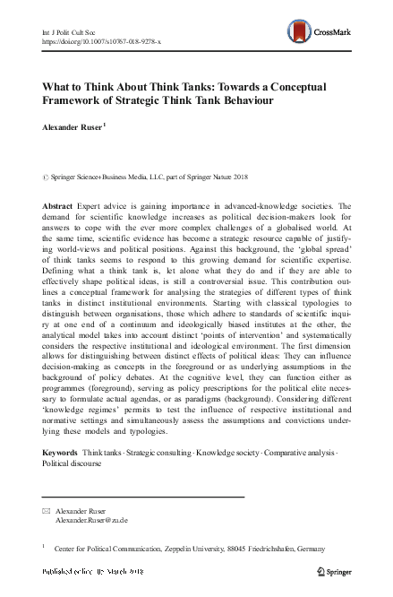 (PDF) What to Think About Think Tanks: Towards a Conceptual Framework ...