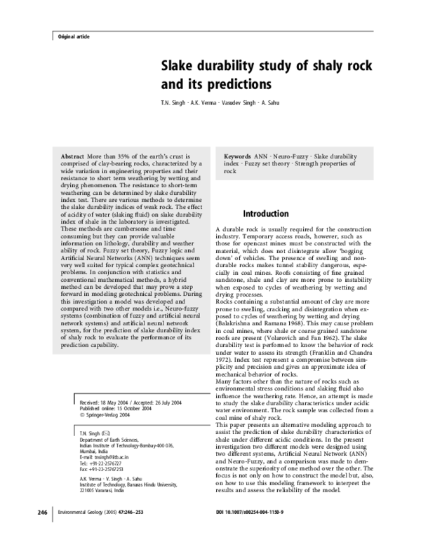 (PDF) Slake durability study of shaly rock and its predictions
