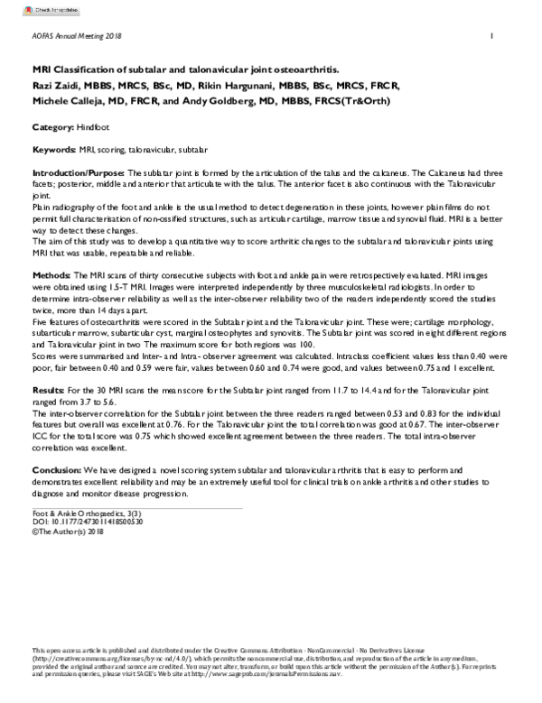 (PDF) MRI Classification of subtalar and talonavicular joint osteoarthritis