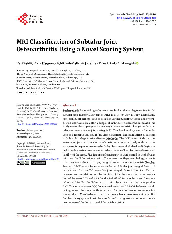 (PDF) MRI Classification of Subtalar Joint Osteoarthritis Using a Novel ...