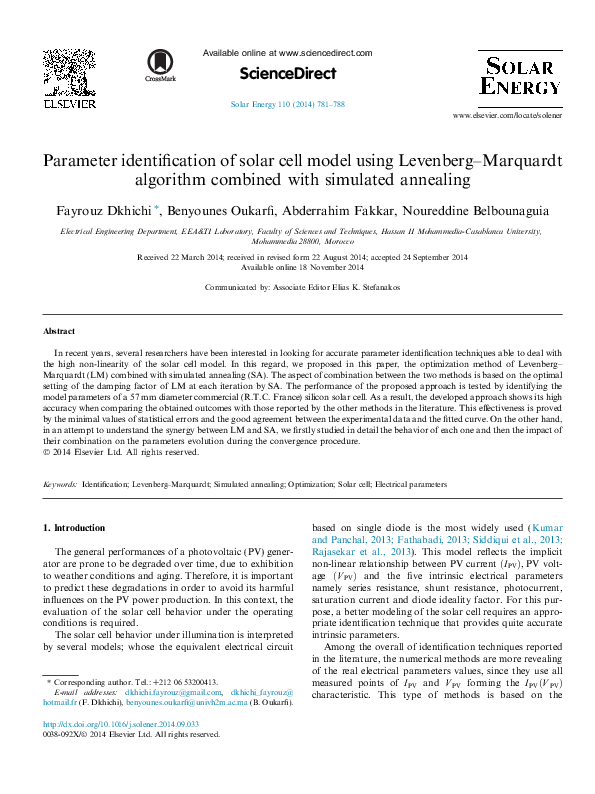 (PDF) Parameter identification of solar cell model using Levenberg–Marquardt algorithm combined ...