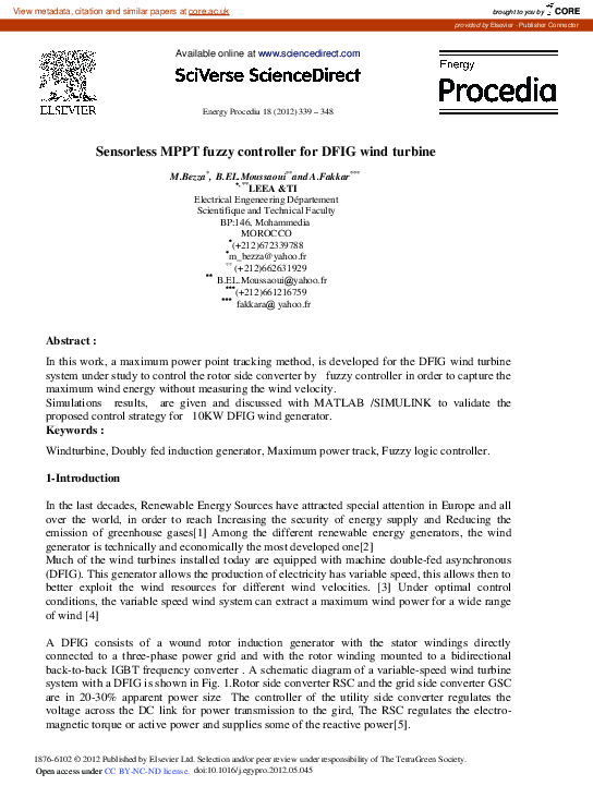 (PDF) Sensorless MPPT Fuzzy Controller for DFIG Wind Turbine