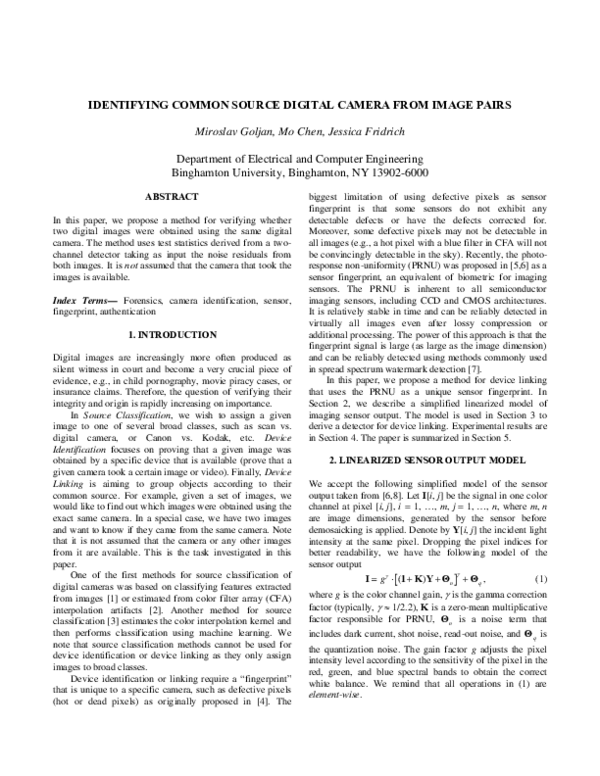 (PDF) Identifying Common Source Digital Camera from Image Pairs | Miroslav Goljan - Academia.edu
