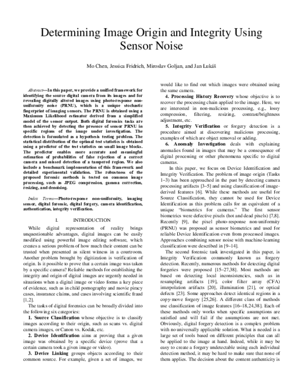 (PDF) Determining Image Origin and Integrity Using Sensor Noise