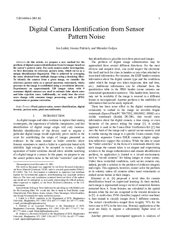 (PDF) Digital Camera Identification From Sensor Pattern Noise