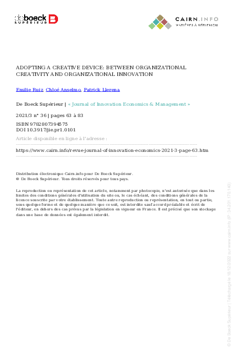 (PDF) Adopting a Creative Device: Between Organizational Creativity and Organizational Innovation