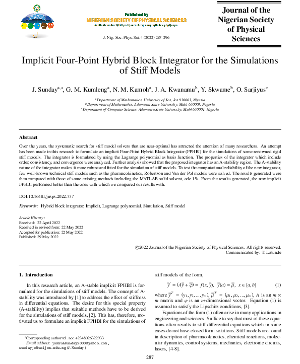 Pdf Implicit Four Point Hybrid Block Integrator For The Simulations