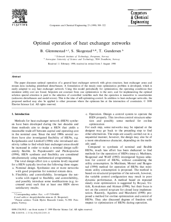 (PDF) Optimal operation of heat exchanger networks