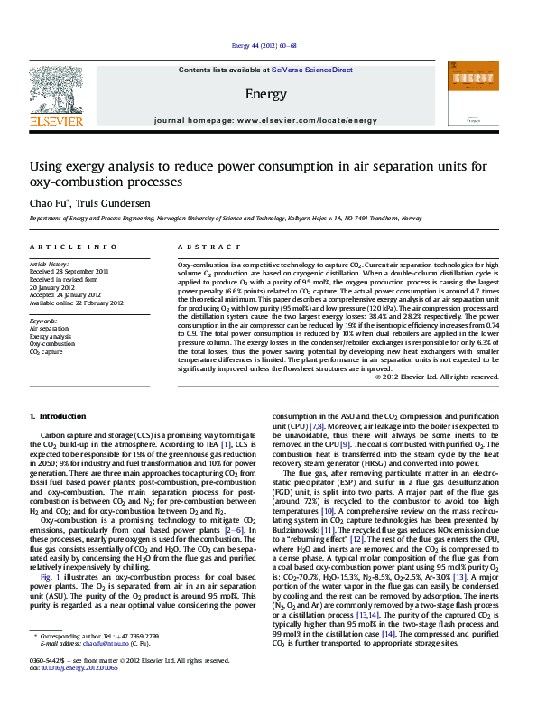 (PDF) Using exergy analysis to reduce power consumption in air separation units for oxy ...