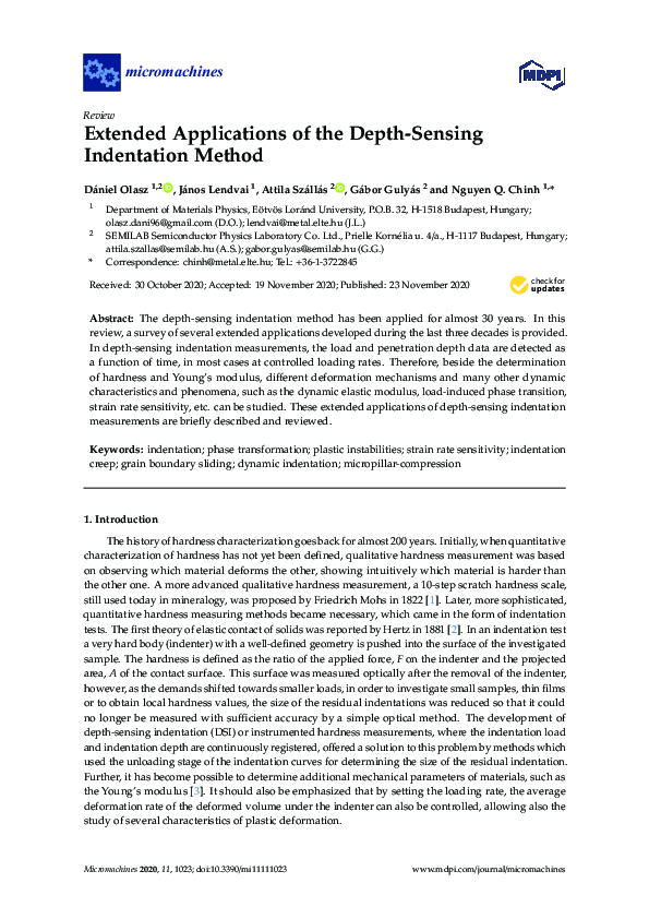 Pdf Extended Applications Of The Depth Sensing Indentation Method