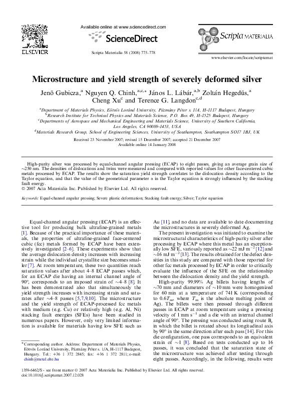 (PDF) Microstructure and yield strength of severely deformed silver