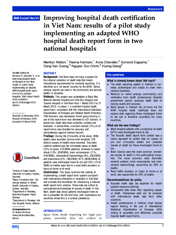 (PDF) Improving hospital death certification in Viet Nam: results of a ...