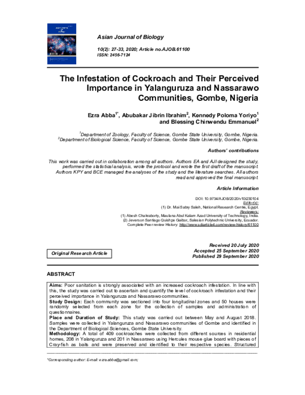 (PDF) The Infestation of Cockroach and Their Perceived Importance in ...