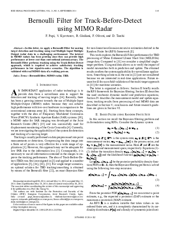 Pdf Bernoulli Filter For Track Before Detect Using Mimo Radar Franco Oliveri
