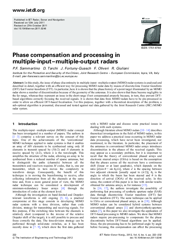 Pdf Phase Compensation And Processing In Multiple Inputmultiple Output Radars