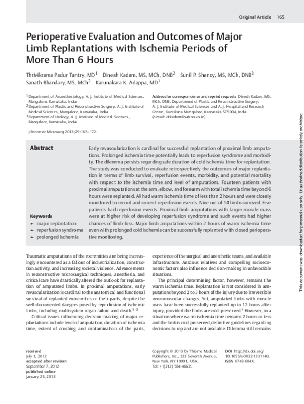 (PDF) Perioperative Evaluation and Outcomes of Major Limb Replantations ...