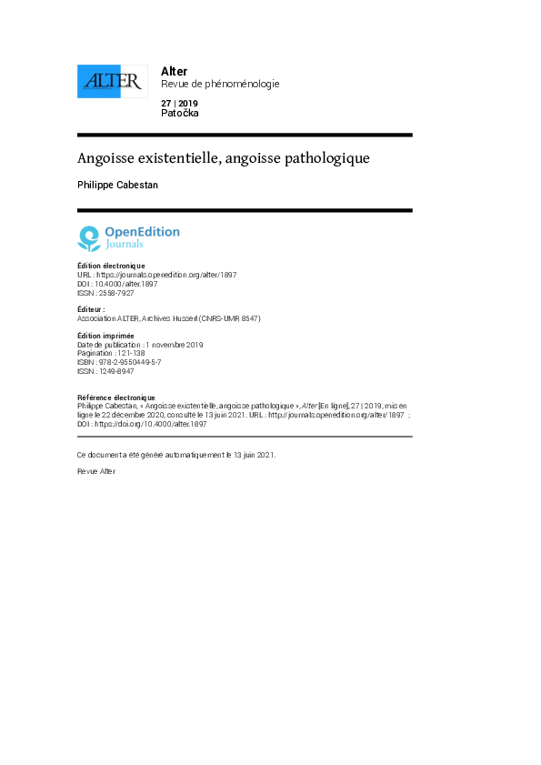 (PDF) Angoisse existentielle, angoisse pathologique