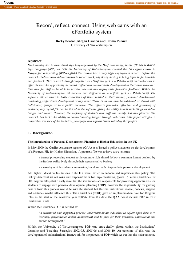 (PDF) Record, reflect, connect: Using web cams with an ePortfolio system