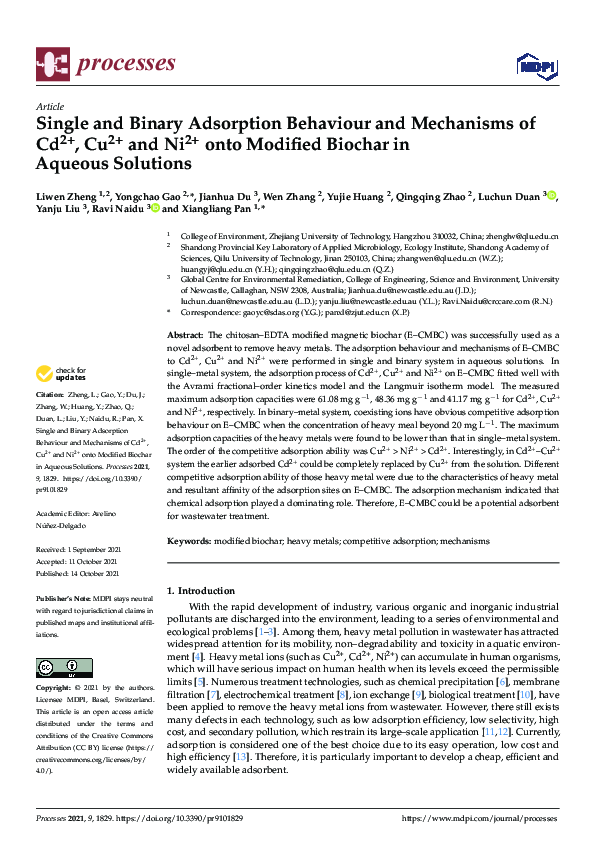 (PDF) Single and Binary Adsorption Behaviour and Mechanisms of Cd2+, Cu2+ and Ni2+ onto Modified ...