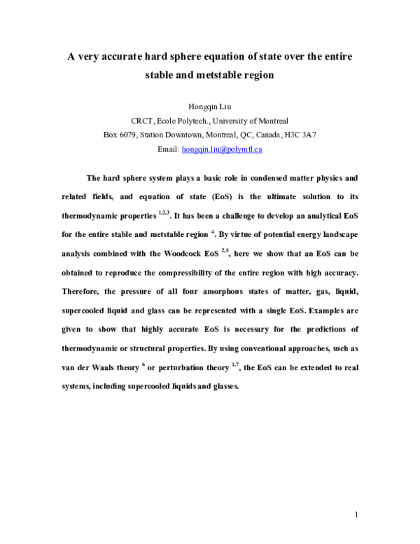 (PDF) A very accurate hard sphere equation of state over the entire ...