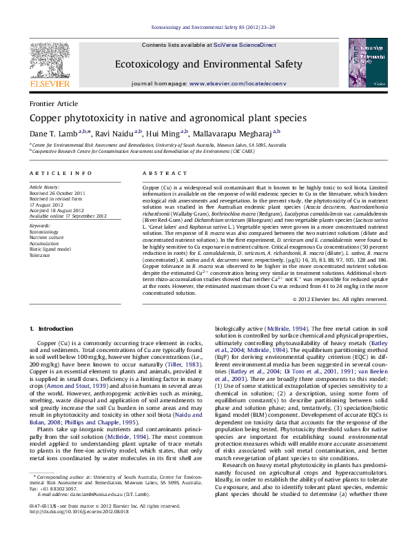 (PDF) Copper phytotoxicity in native and agronomical plant species ...