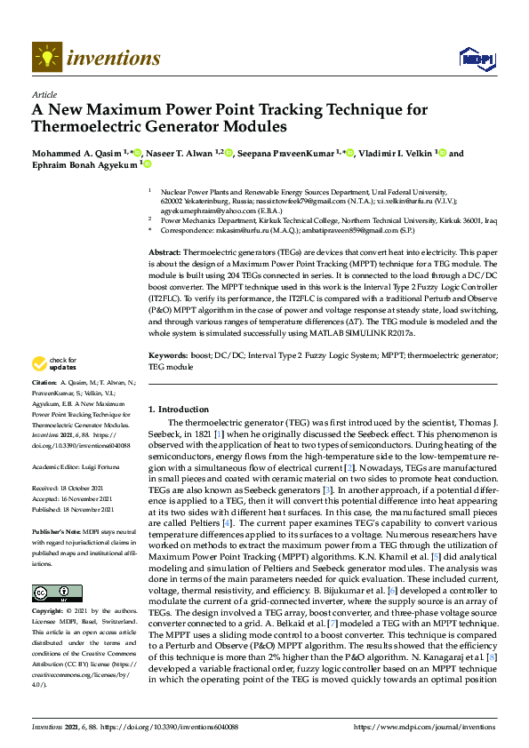 (PDF) A New Maximum Power Point Tracking Technique for Thermoelectric ... (PDF) A New Maximum Power Point Tracking Technique for Thermoelectric ...
