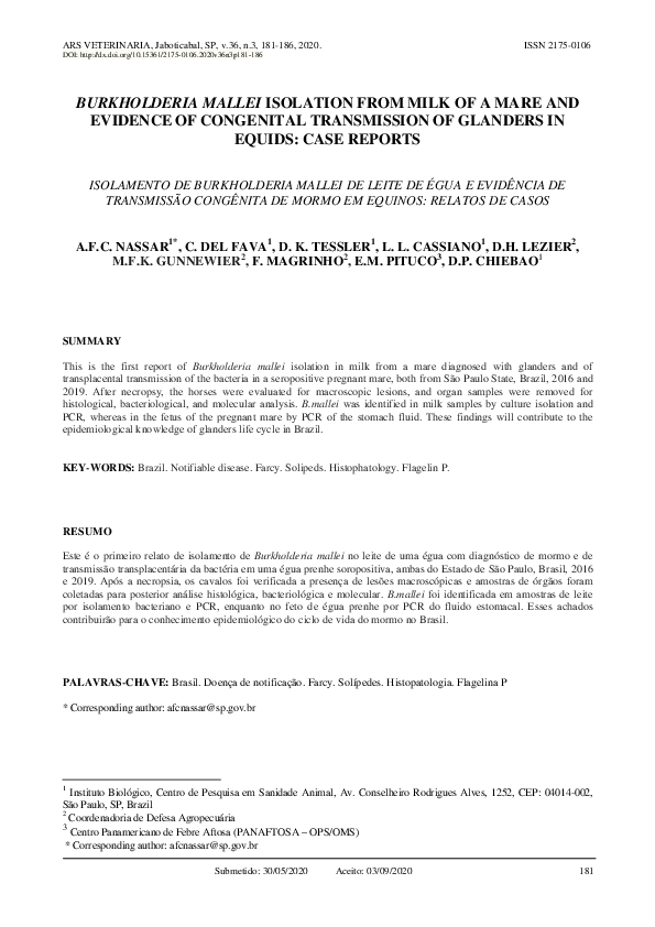 (PDF) Burkholderia Mallei Isolation from Milk of a Mare and Evidence of ...