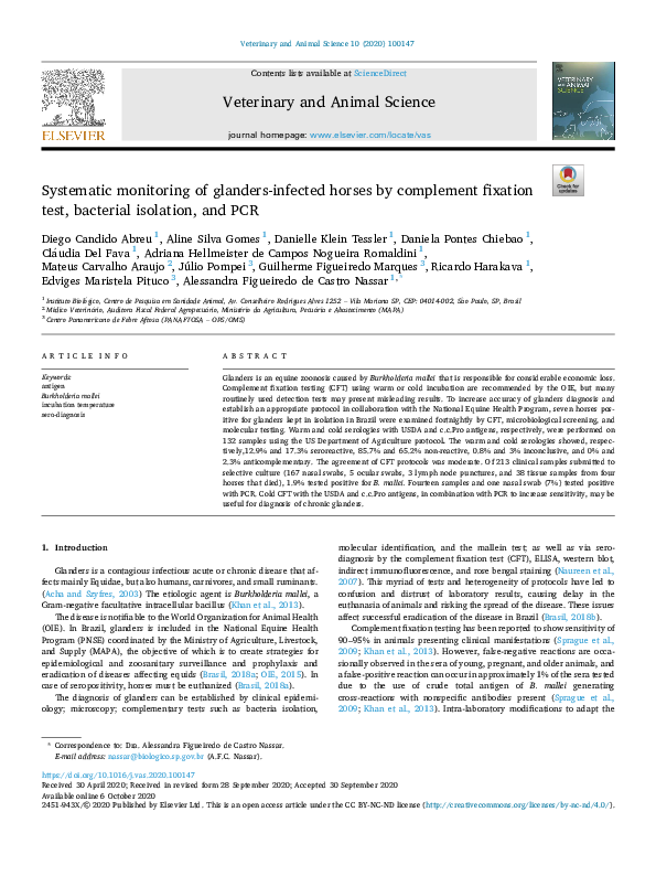 (PDF) Systematic monitoring of glanders-infected horses by complement ...