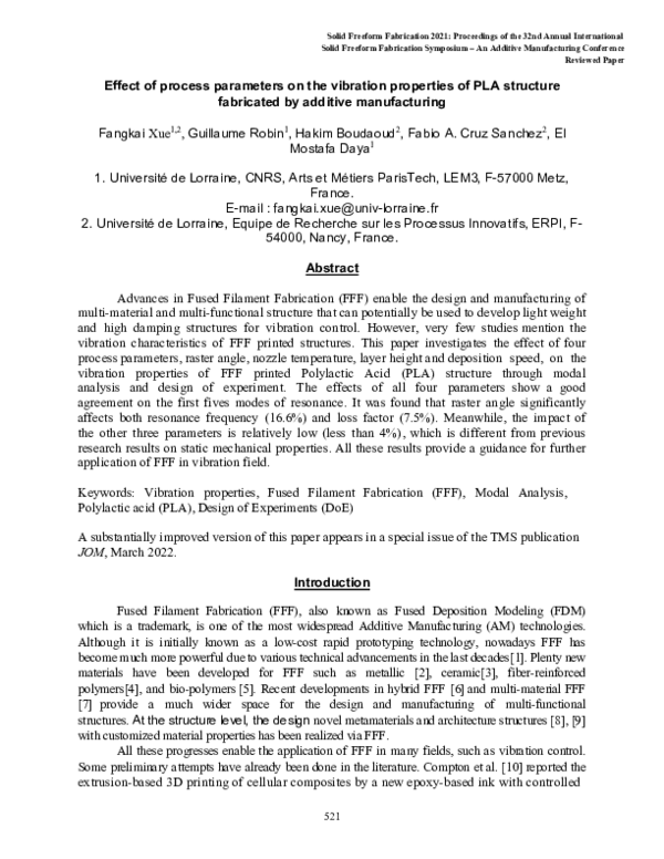 (PDF) Effect of Process Parameters on the Vibration Properties of PLA Structure Fabricated by ...