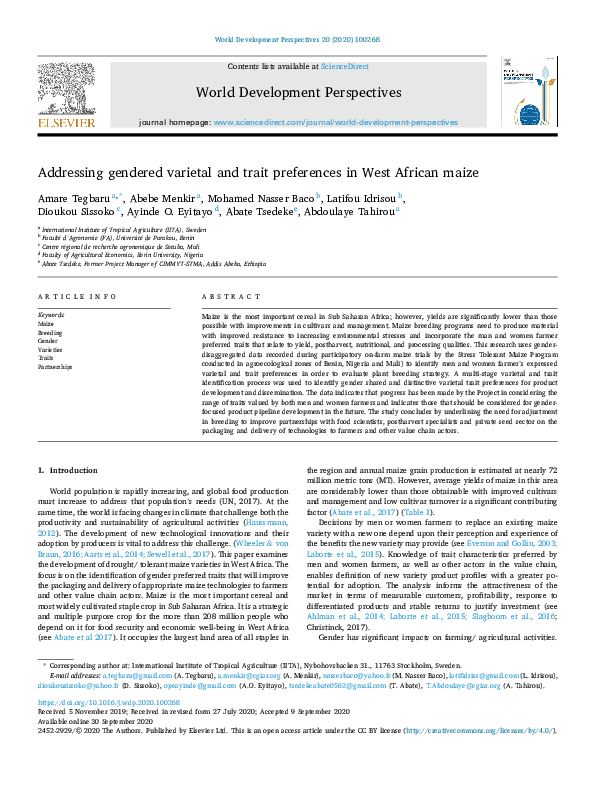 (PDF) Addressing gendered varietal and trait preferences in West African maize