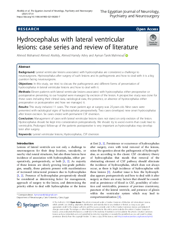 (PDF) Hydrocephalus with lateral ventricular lesions: case series and review of literature