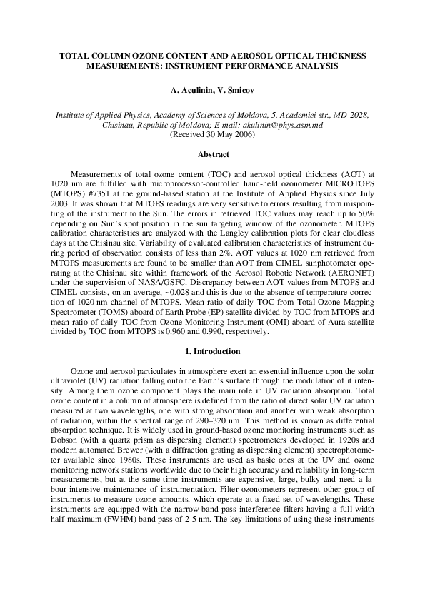 (PDF) Total Column Ozone Content and Aerosol Optical Thickness Measurements: Instrument ...