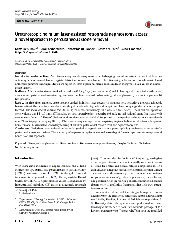 (PDF) Ureteroscopic holmium laser-assisted retrograde nephrostomy ...